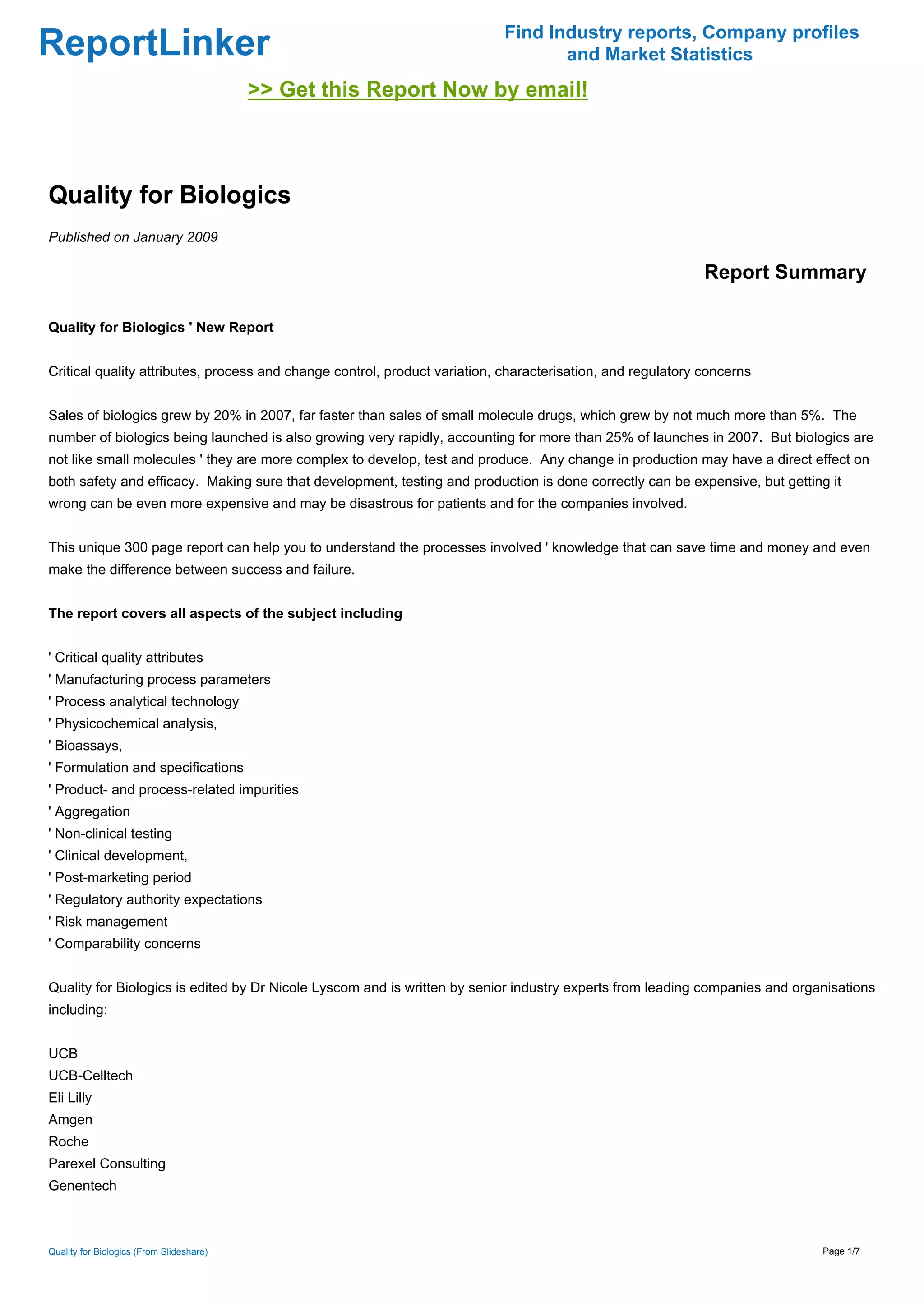 Quality for Biologics | PDF