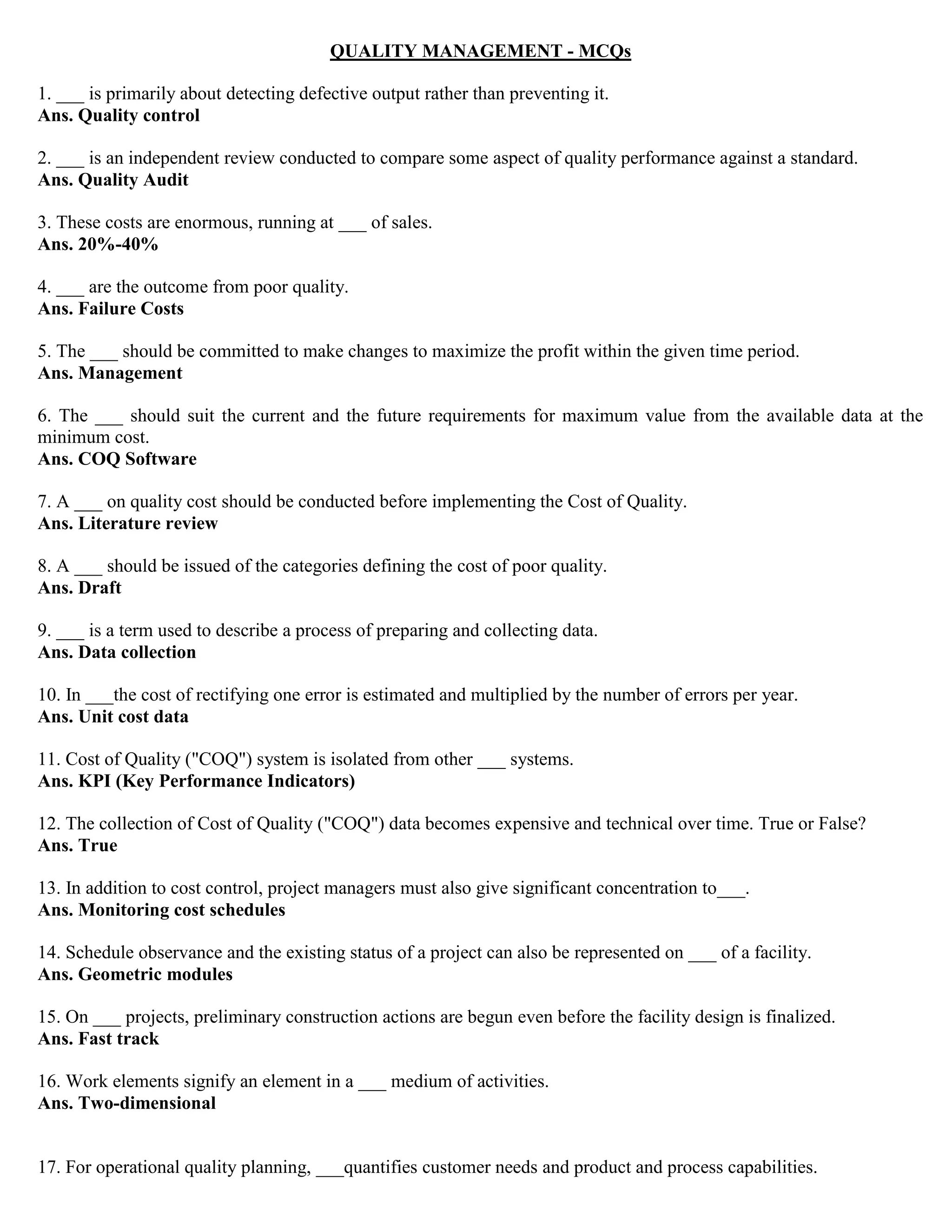 Quality management-mc qs | PDF