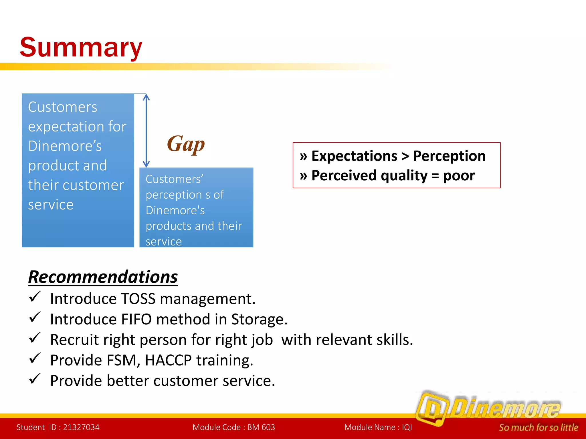 Quality analysis for Dinemore | PPTX