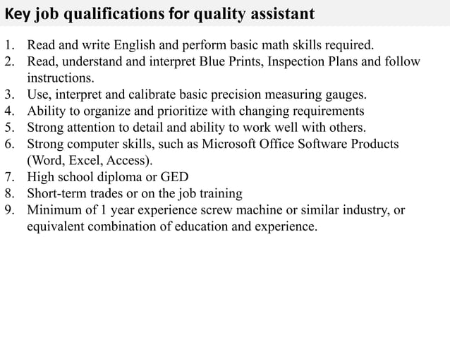 Quality assistant job description | PPTX | Resume Writing and Advice ...