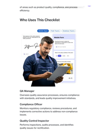 This form serves as a comprehensive audit checklist for quality ...