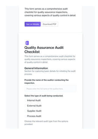 This form serves as a comprehensive audit checklist for quality assurance inspections, covering ...