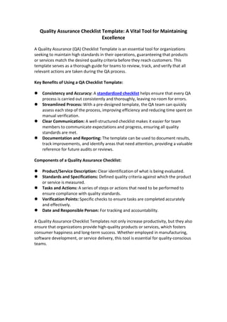 Unlock Efficiency with a Quality Assurance Checklist Template 🚀 | PDF