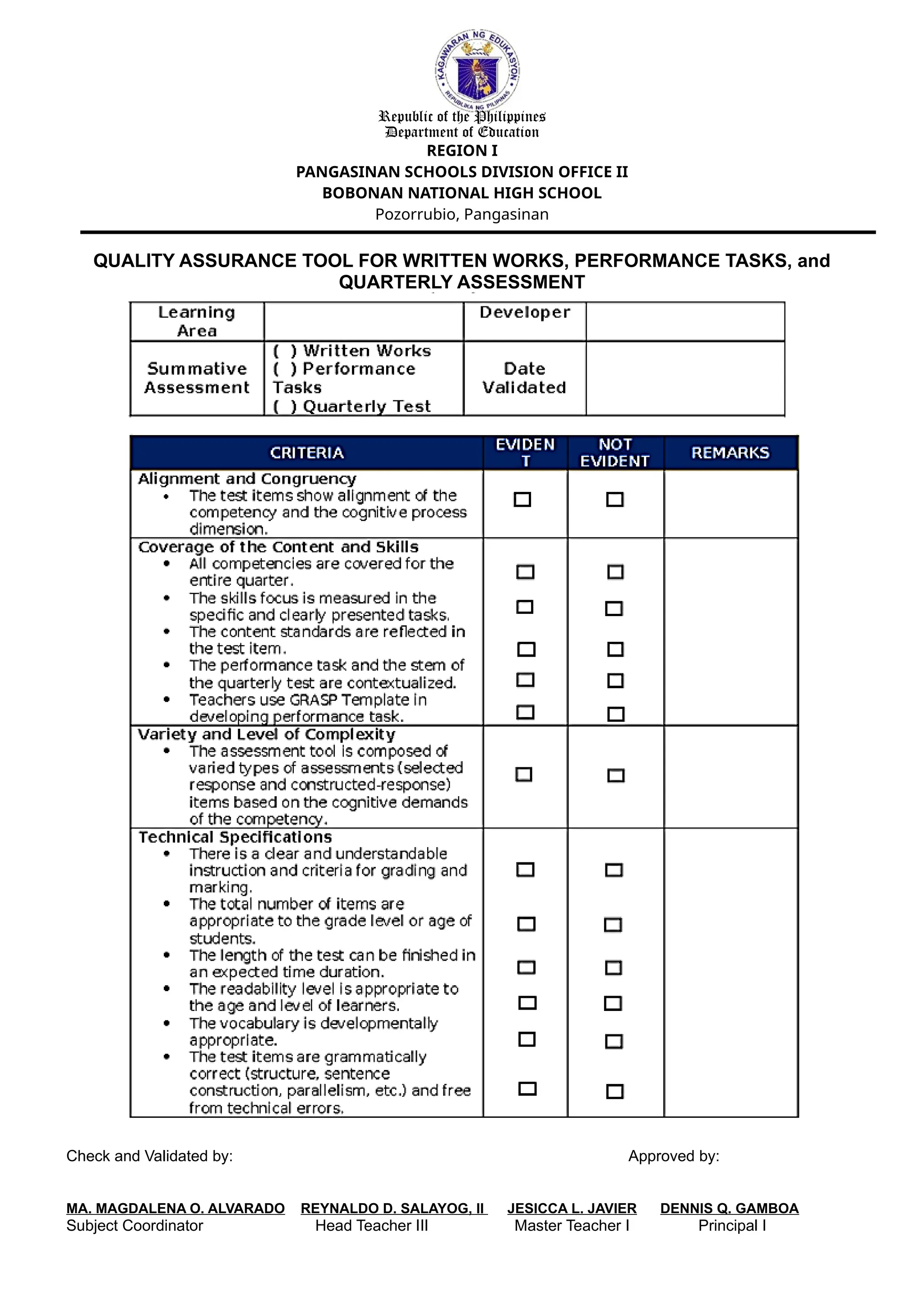 QUALITY ASSURANCE FORM for ASSESSMENT.docx