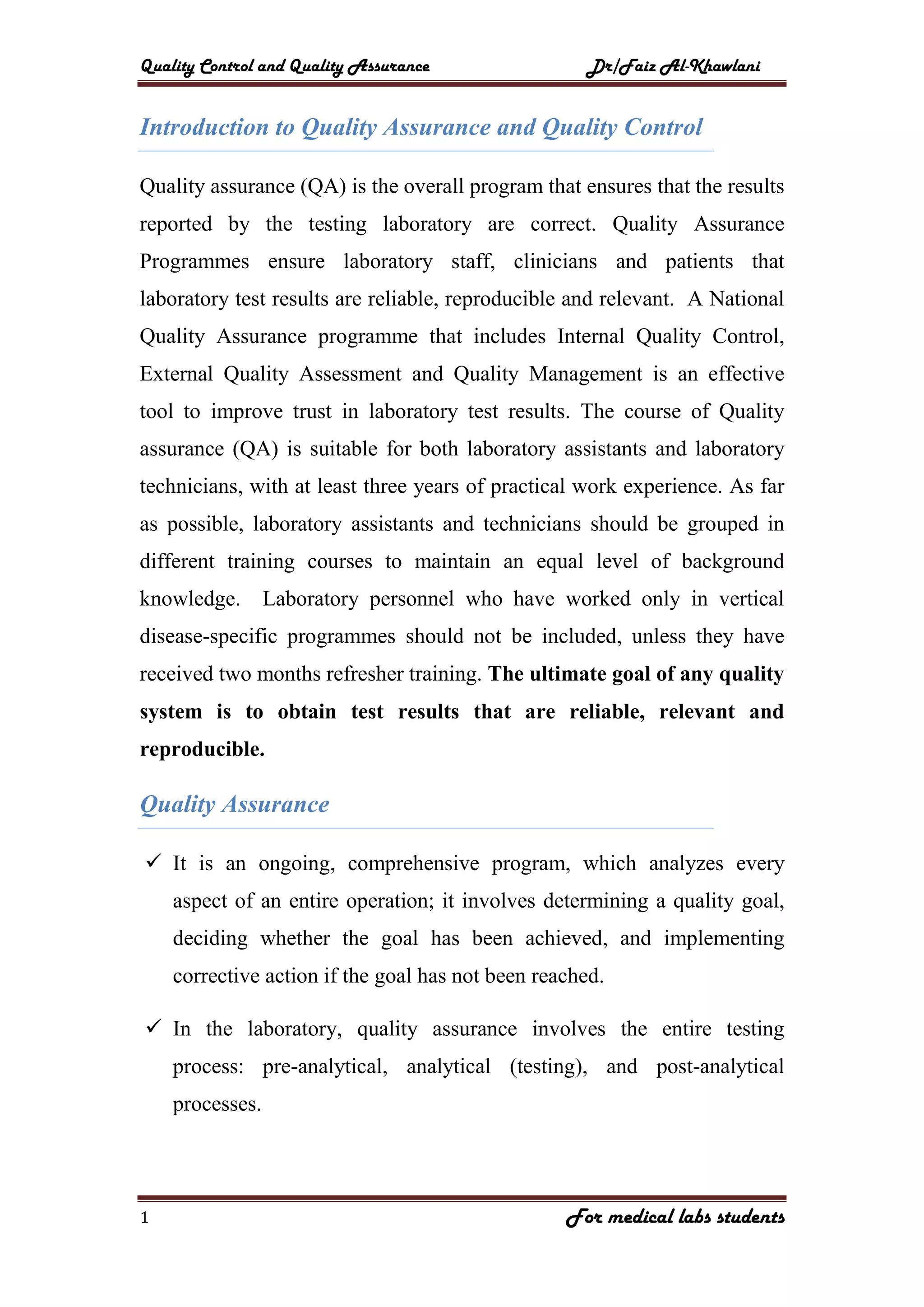 Quality assurance in medical laboratory | PDF