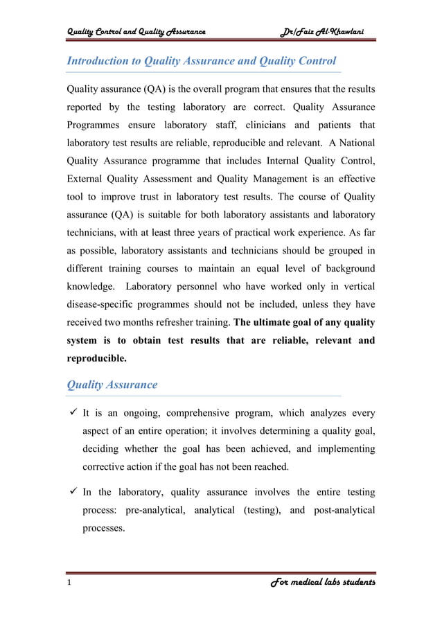 Quality assurance in medical laboratory | PDF | Standardized Testing ...