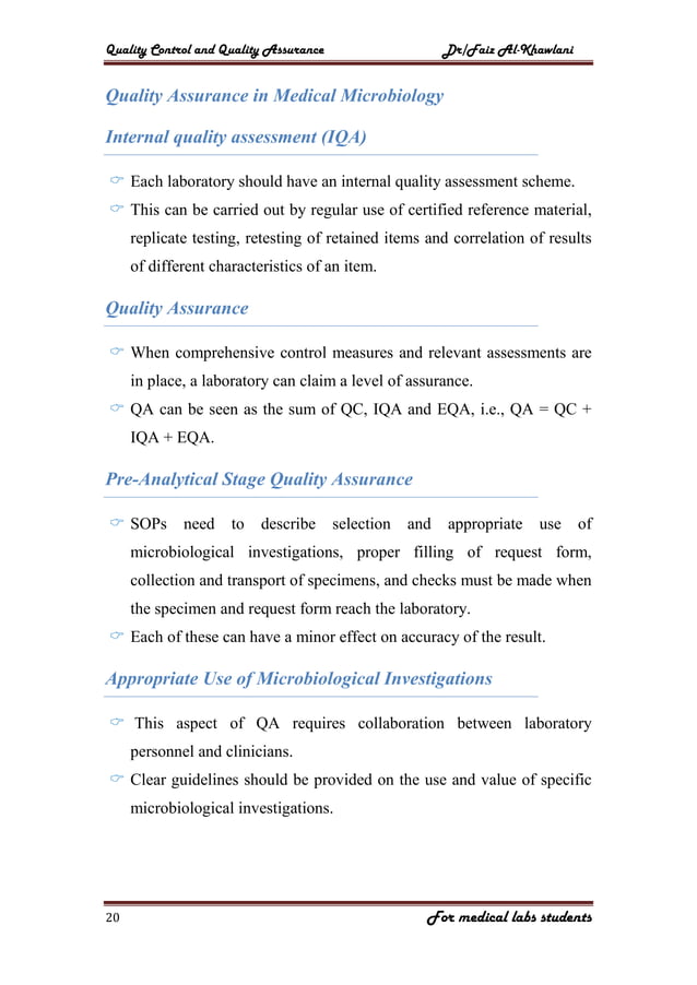 Quality assurance in medical laboratory | PDF | Standardized Testing ...