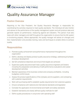 Quality Assurance Manager Job Description | PDF