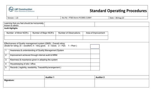 Quality Audit Checklist as per ISO 9001. | PDF