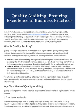 Quality Auditing: Ensuring Excellence in Business Practices | PDF