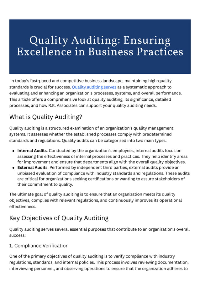 Quality Auditing: Ensuring Excellence in Business Practices | PDF