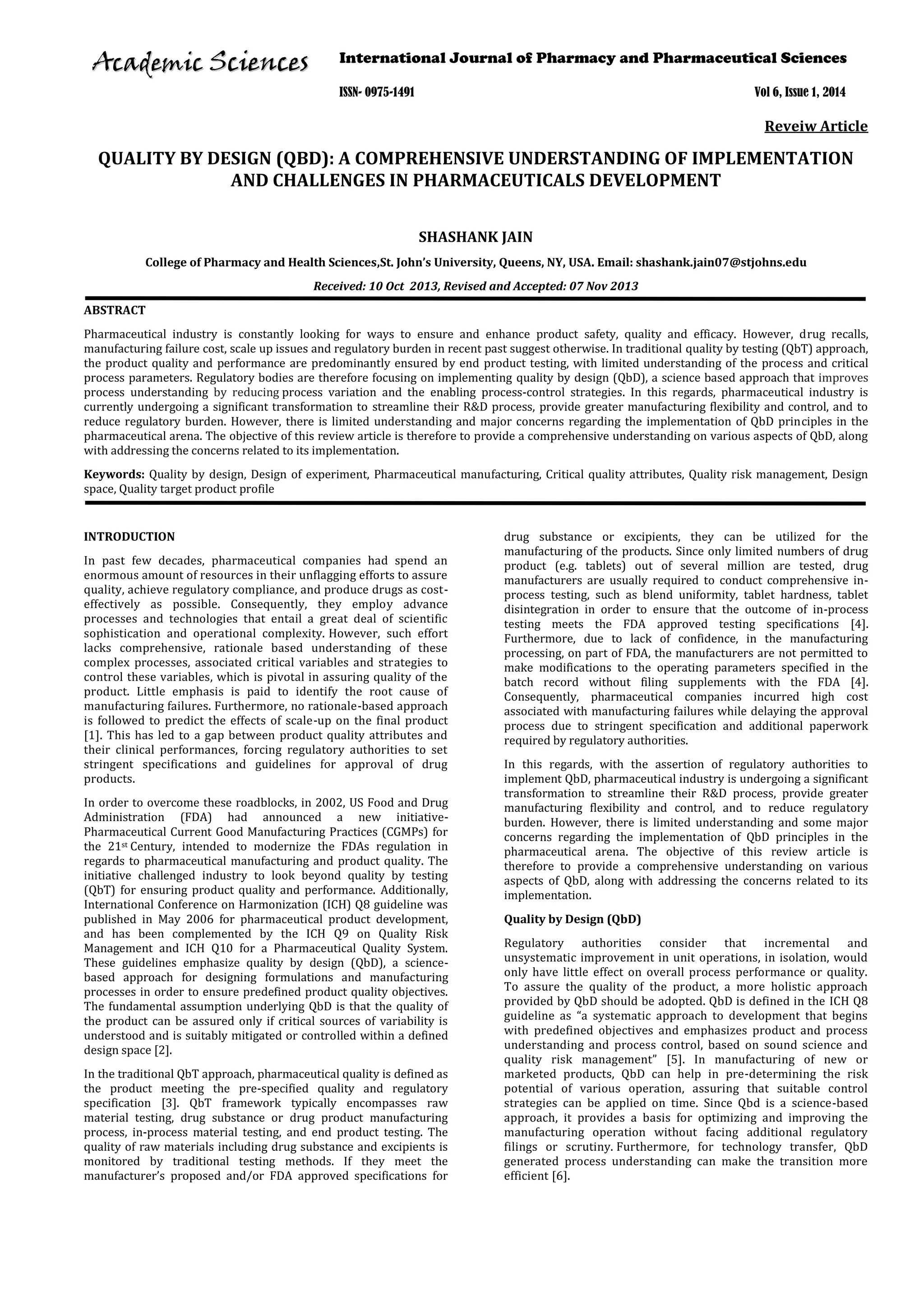 Quality by design (qbd) a review | PDF