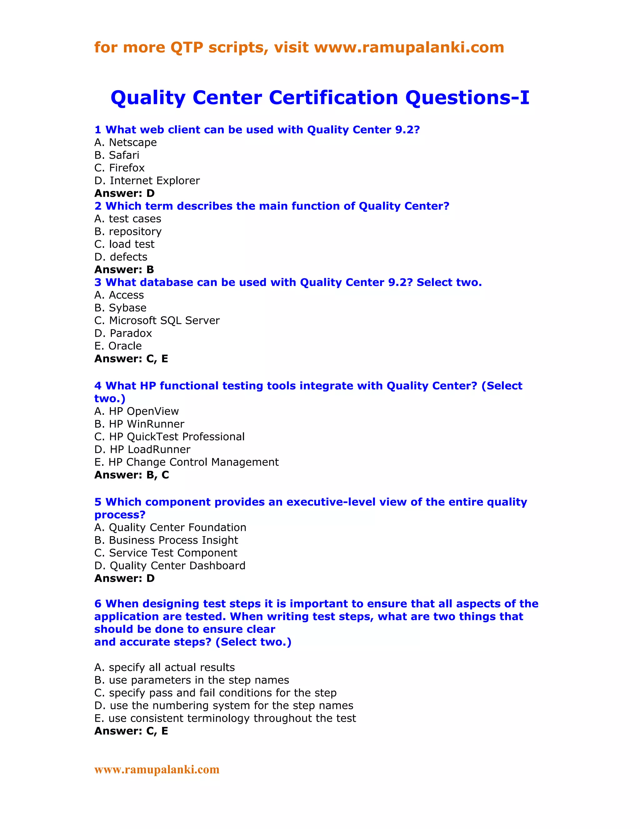 Quality center certification questions | DOC