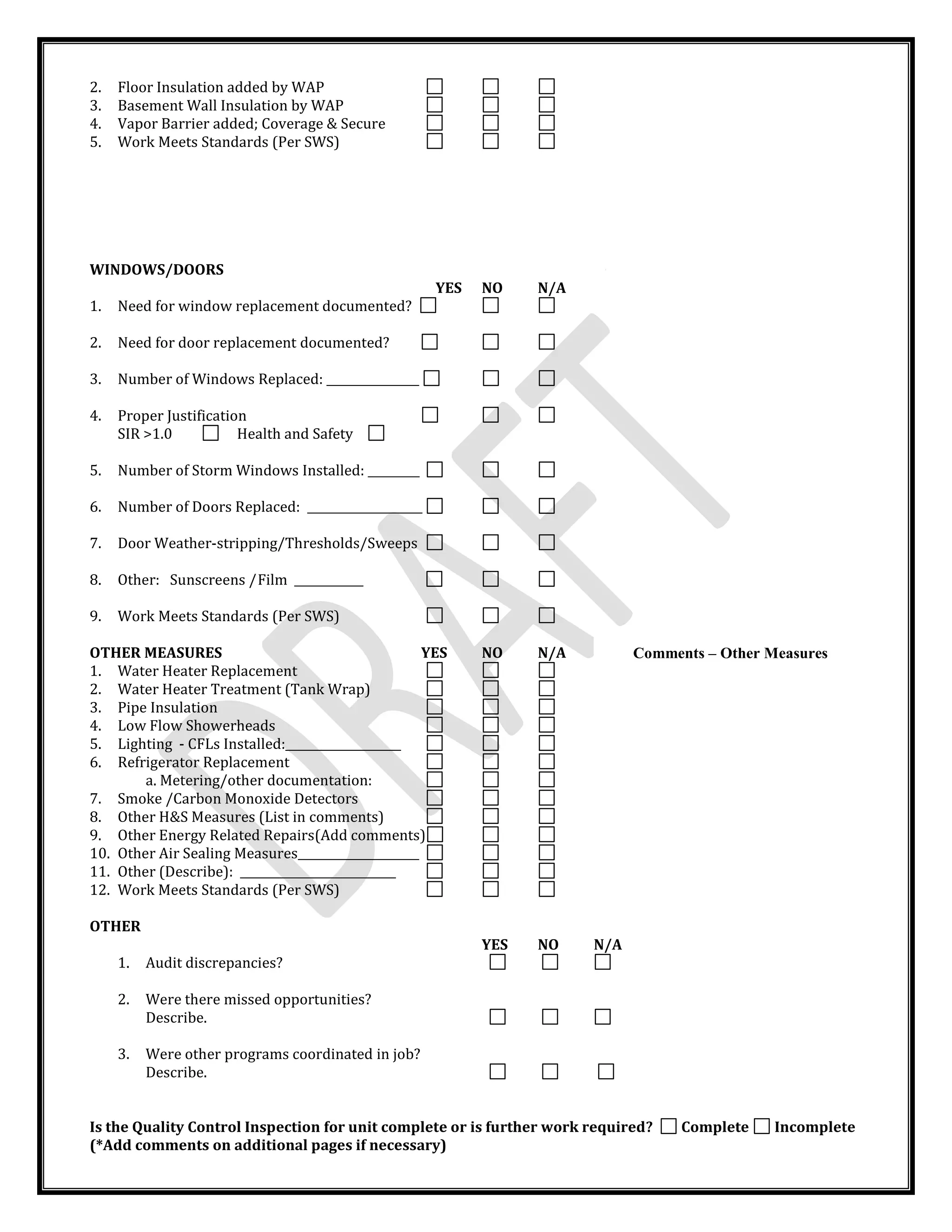 Pennsylvania Weatherization Quality Control Inspection Checklist | PDF