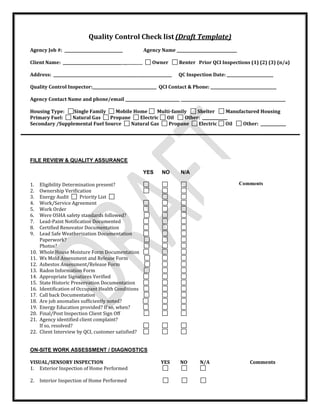 Pennsylvania Weatherization Quality Control Inspection Checklist | PDF