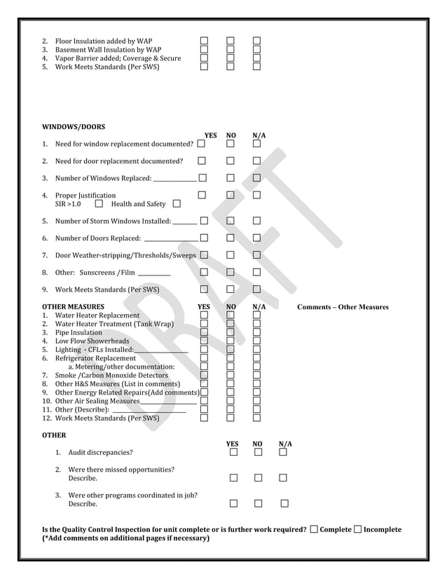Pennsylvania Weatherization Quality Control Inspection Checklist | PDF