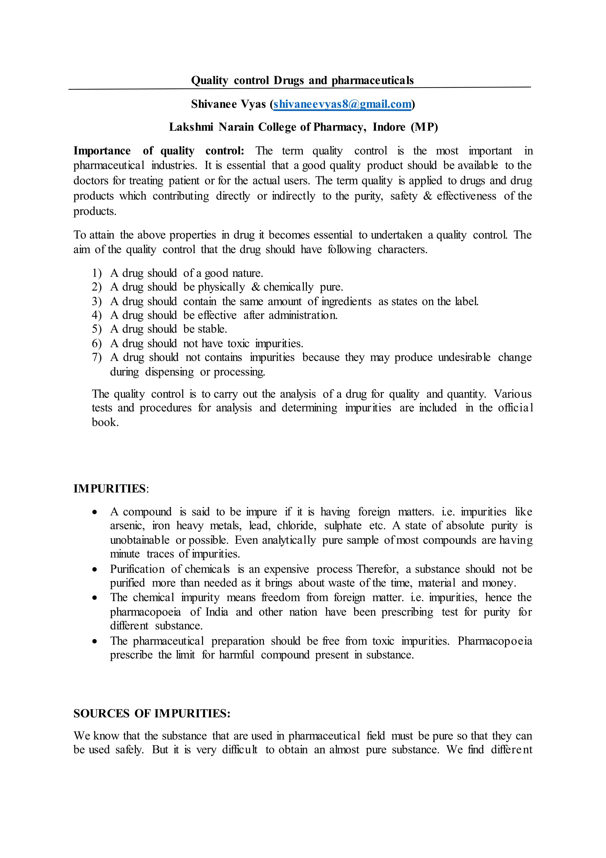 Quality control drugs and pharmaceuticals | DOCX