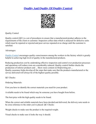 Quality Control Essay | PDF