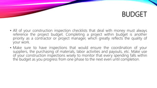 Quality control inspection reports and outcomes wrt contract management ...