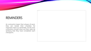 Quality control inspection reports and outcomes wrt contract management ...