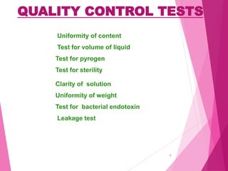 Quality control tests for parenterals ppt | PPTX