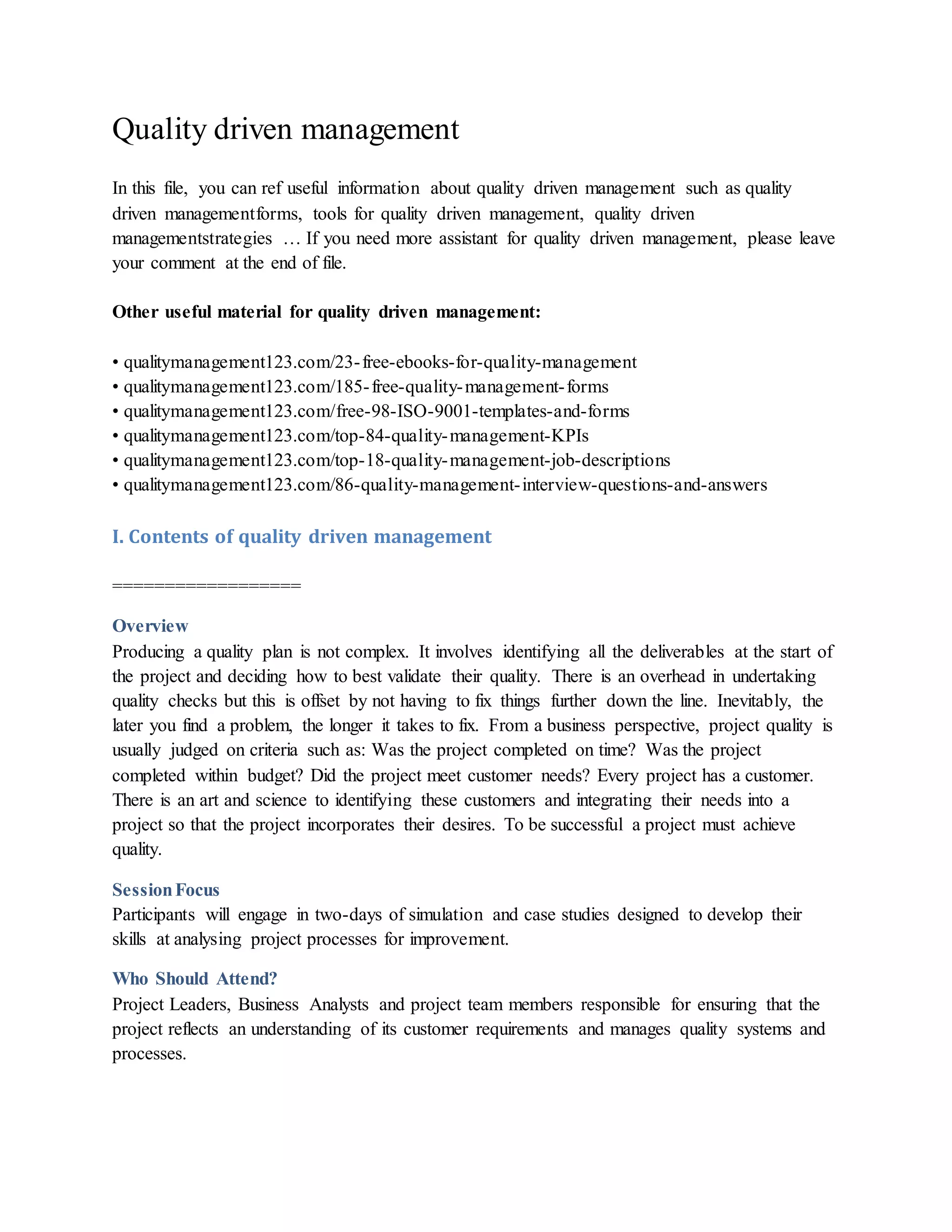 Quality driven management | DOCX | Business | Business and Finance