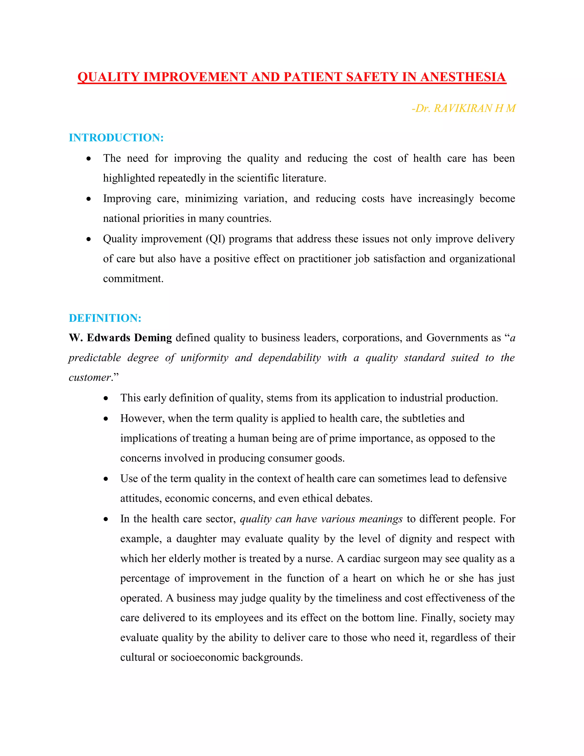 Quality improvement and patient safety in anesthesia | PDF