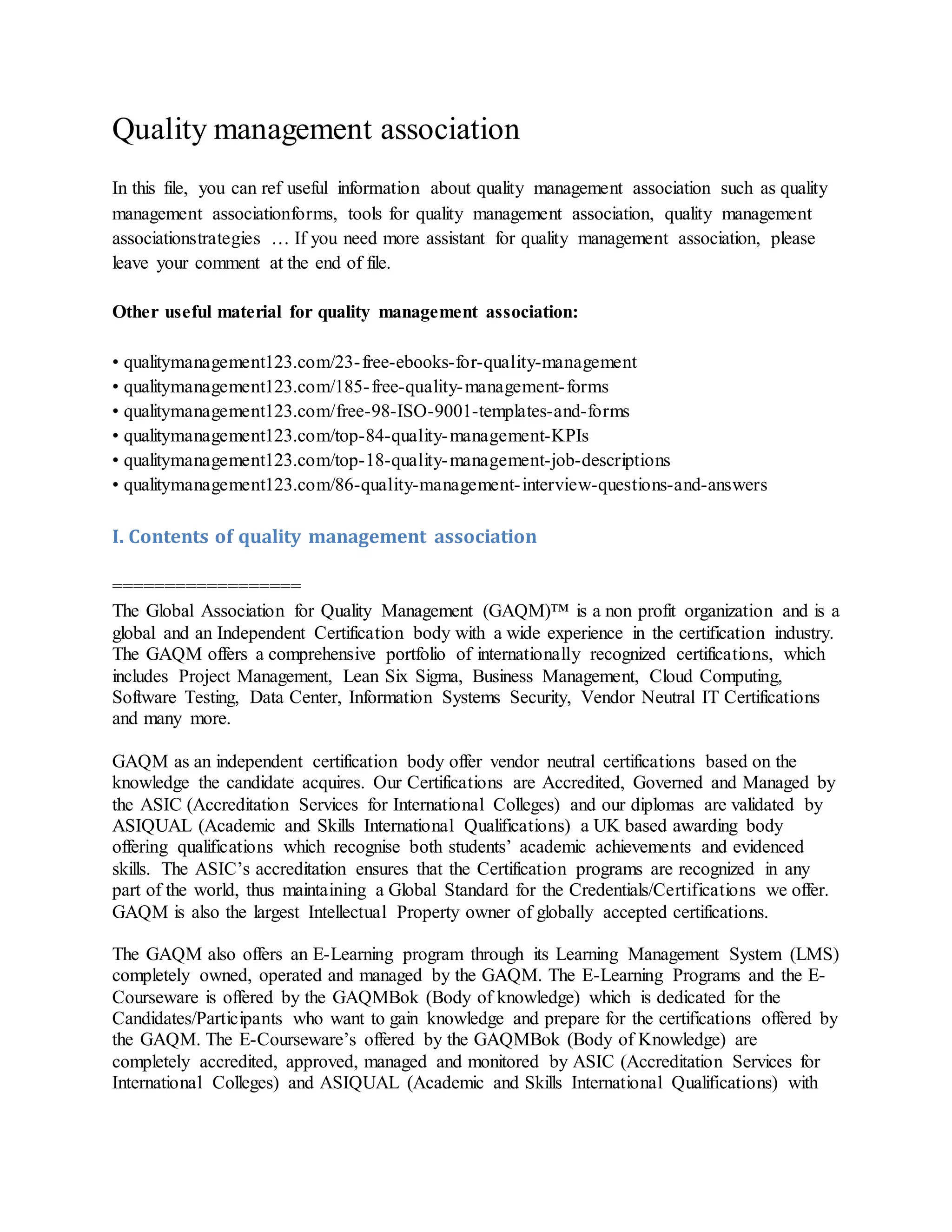 Quality management association | DOCX