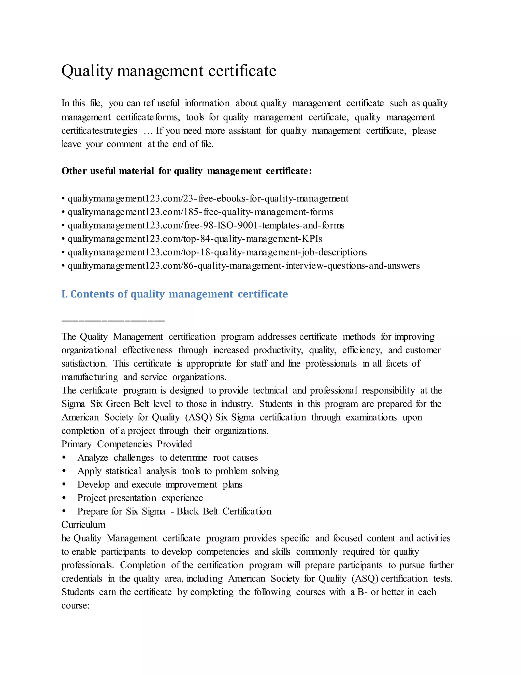 Quality management certificate | PDF