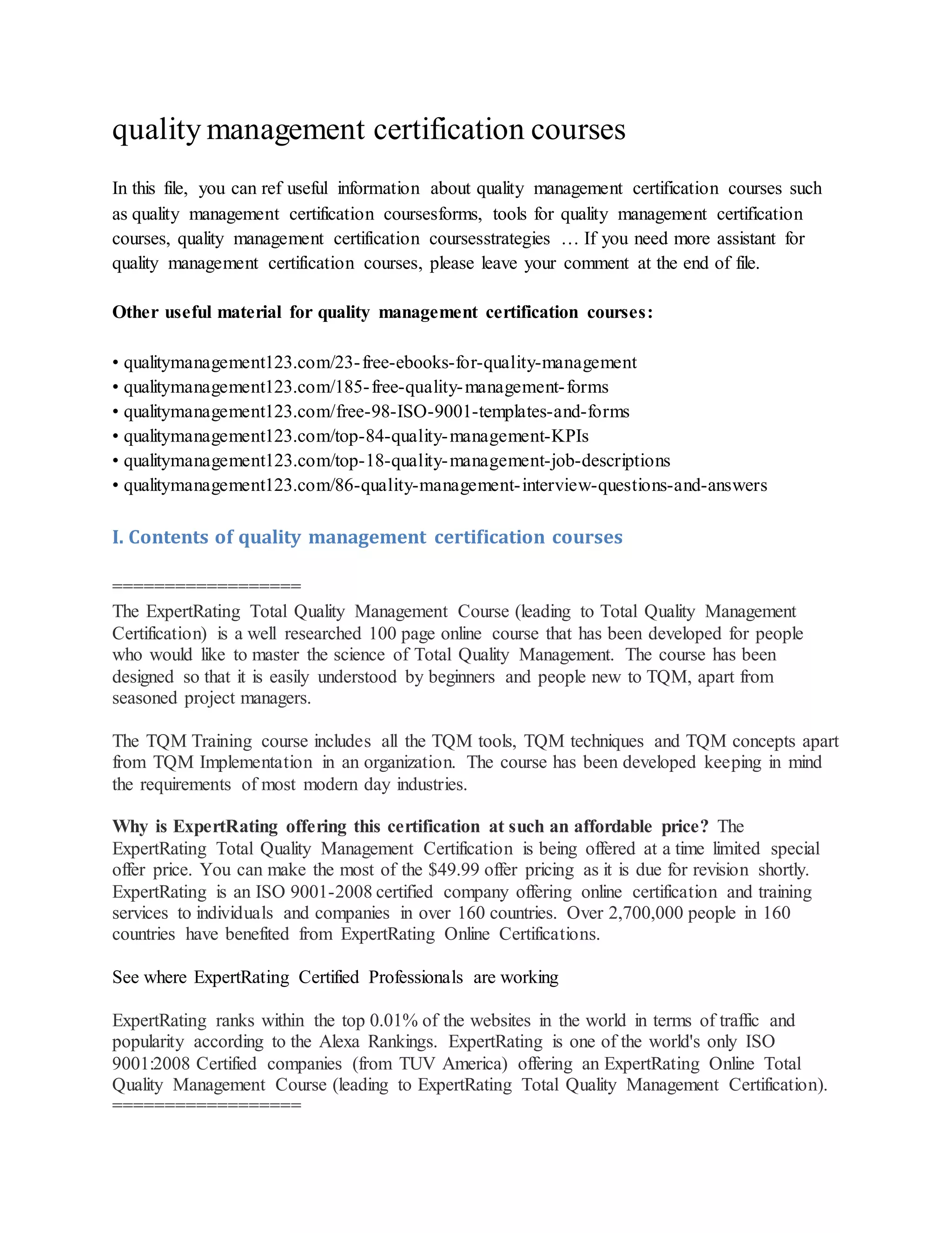 Quality management certification courses | DOCX