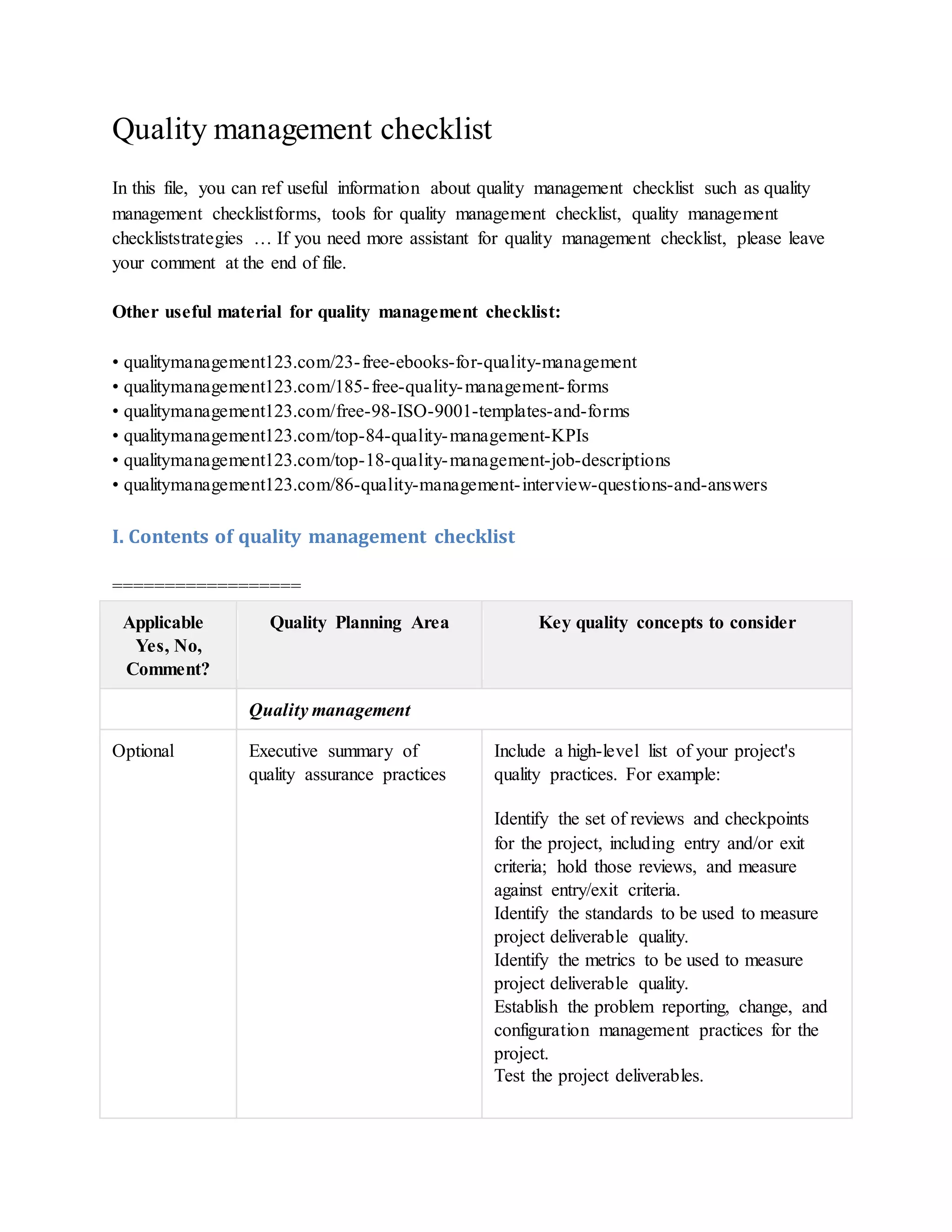 Quality management checklist | PDF