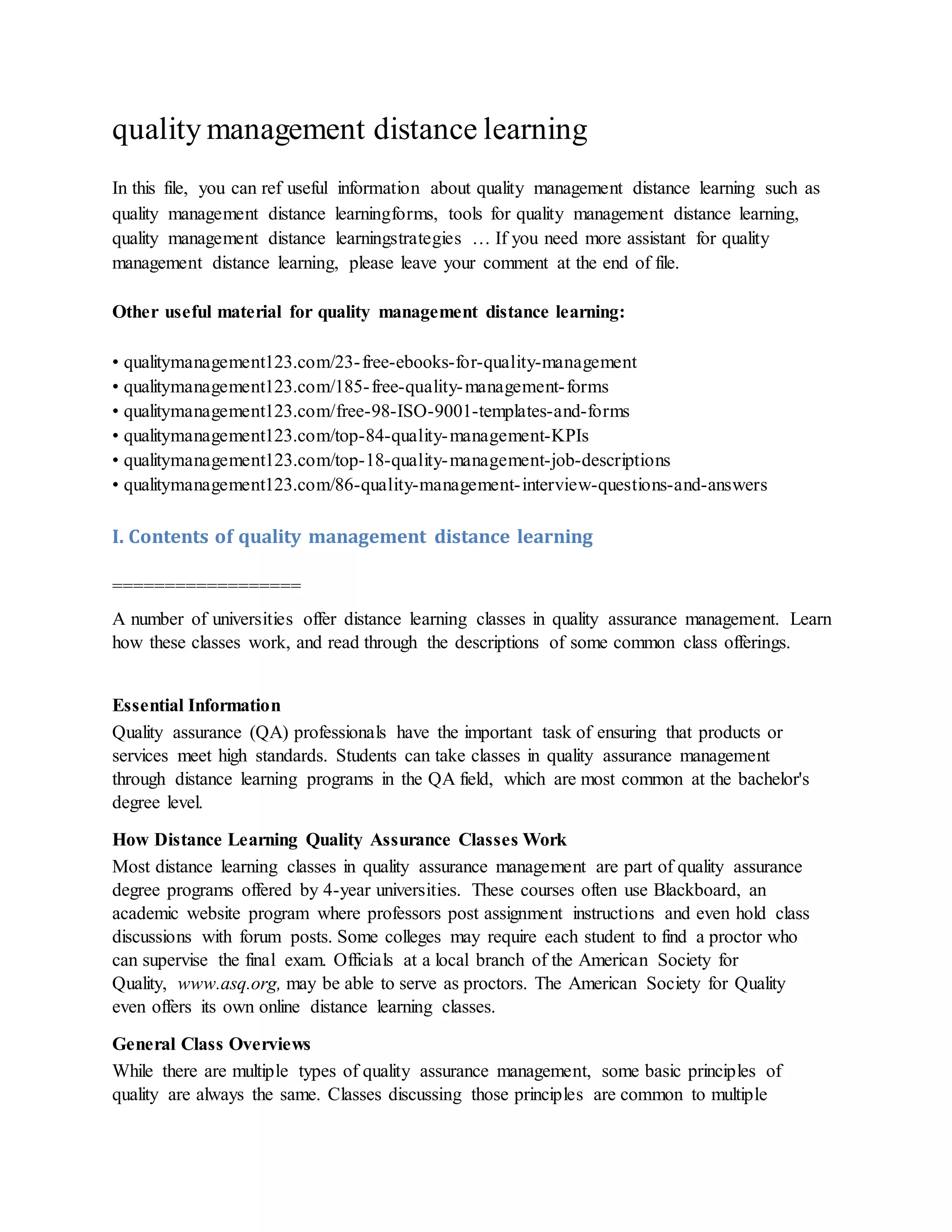 Quality management distance learning | DOCX