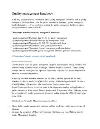 Quality management handbook | DOCX | Business | Business and Finance