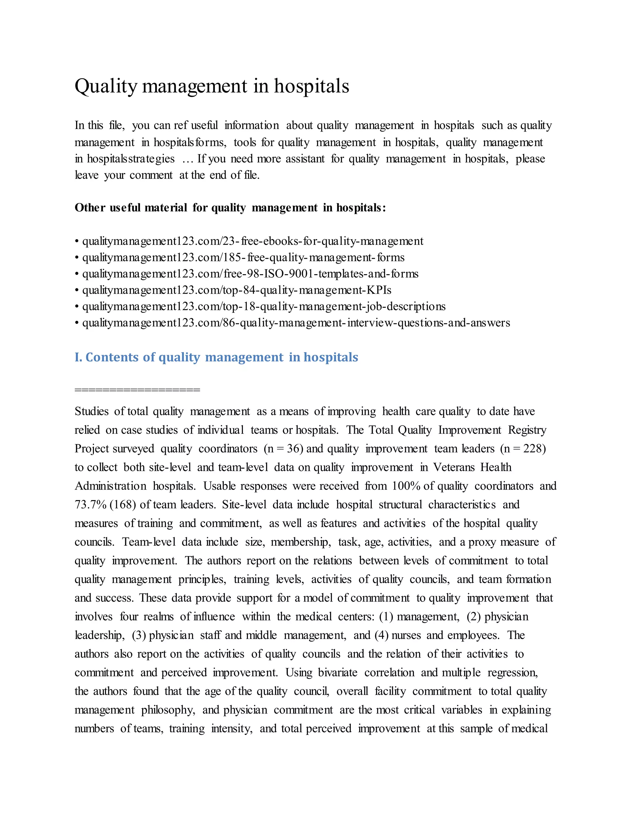 Quality management in hospitals | DOCX | Healthcare Industry | Industries