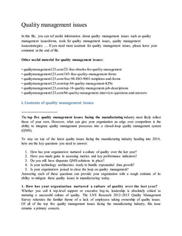Quality management issues | DOCX
