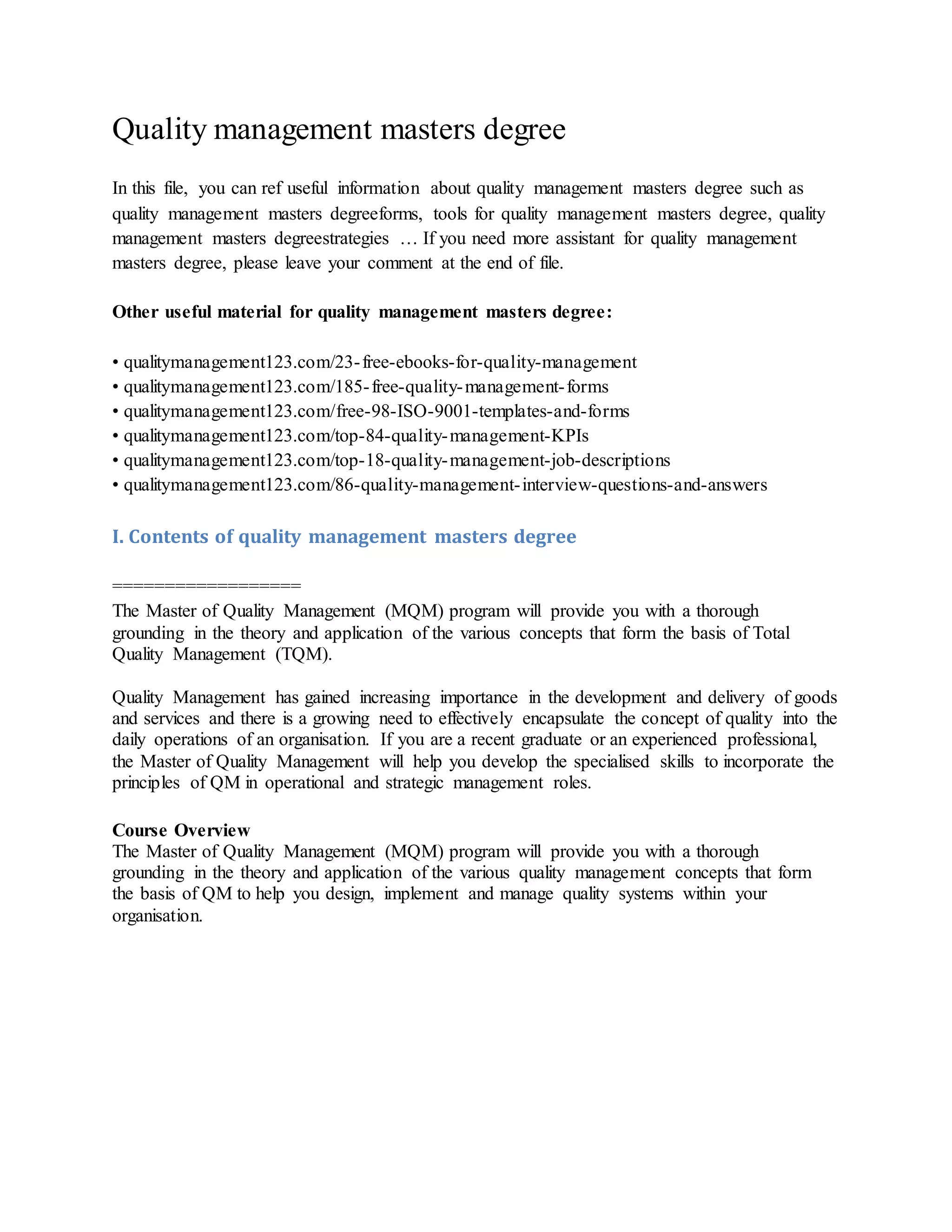 Quality management masters degree | DOCX