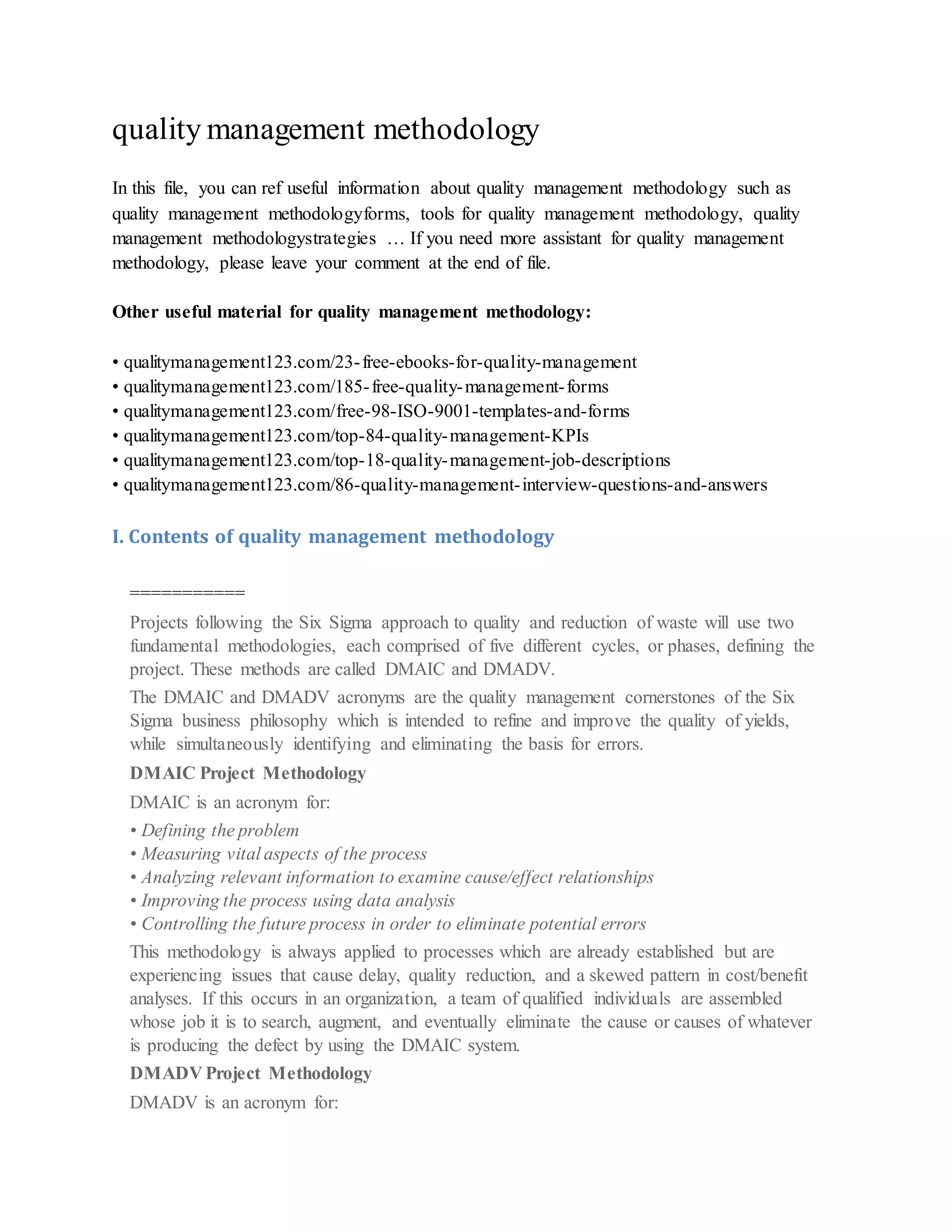 Quality management methodology | PDF