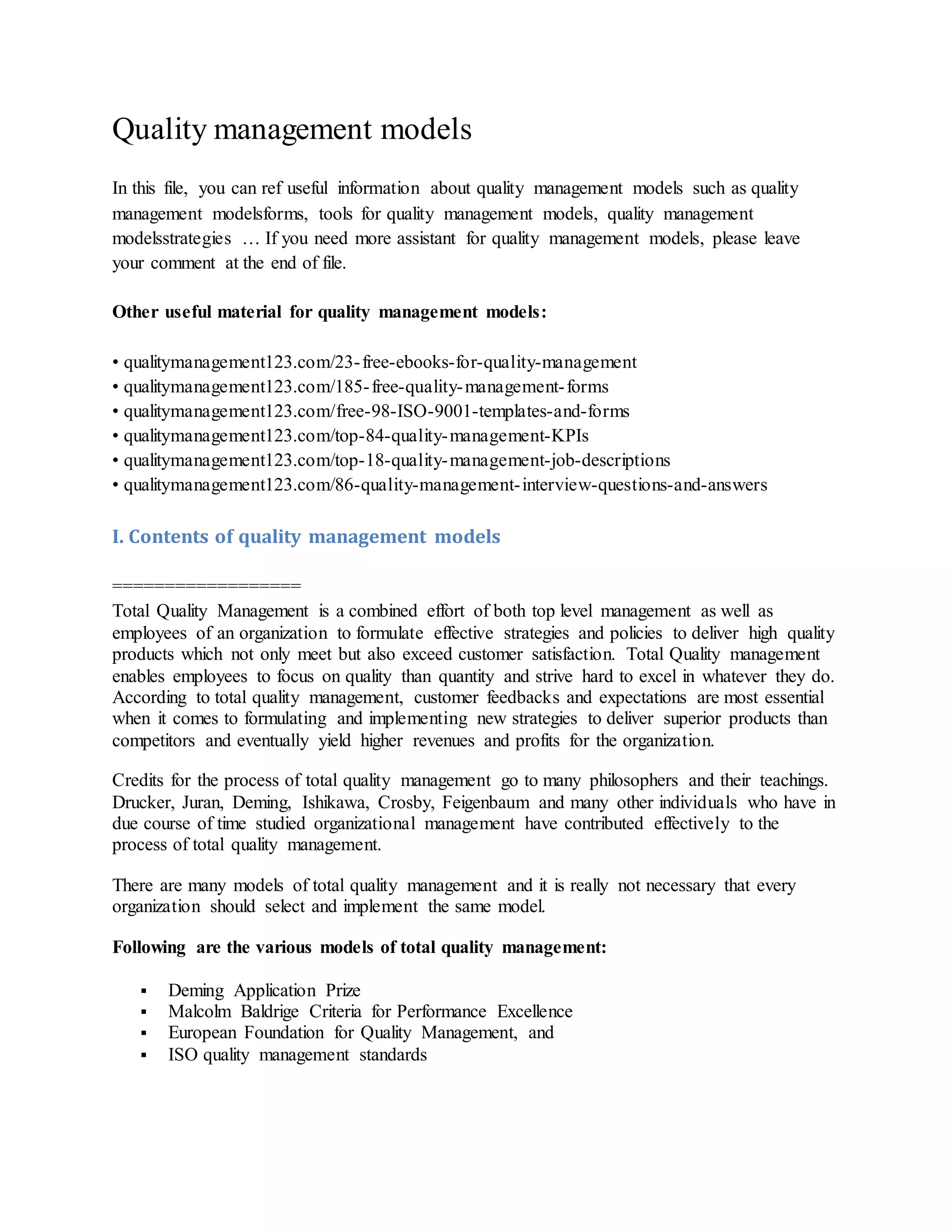 Quality management models | DOCX