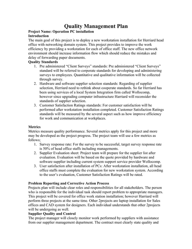 Quality Management Plan | PDF