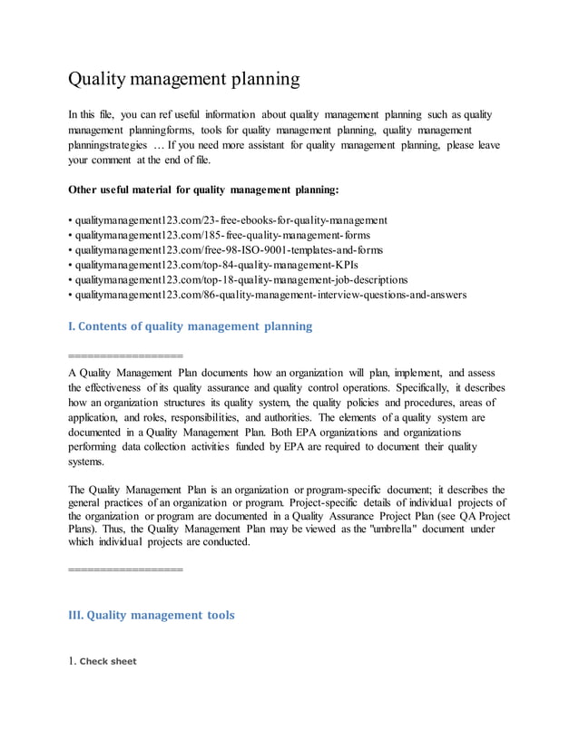 Quality management planning | PDF