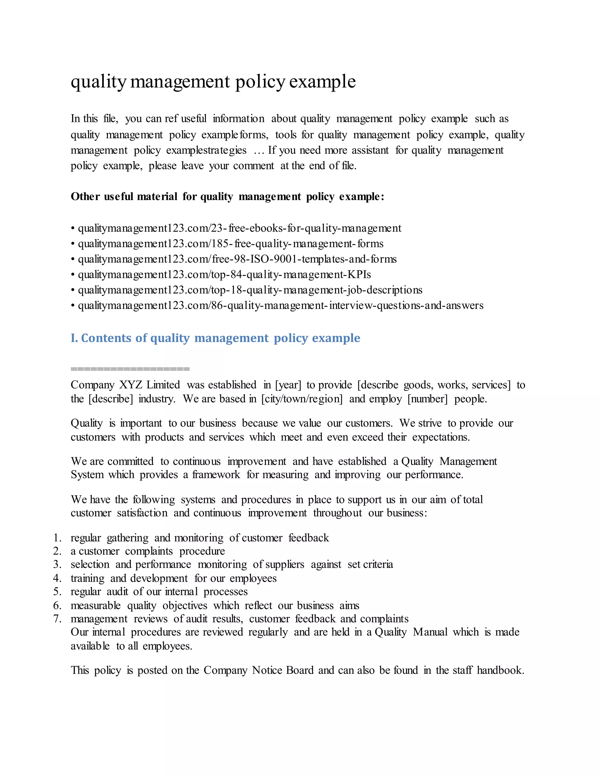 Quality management policy example | DOCX