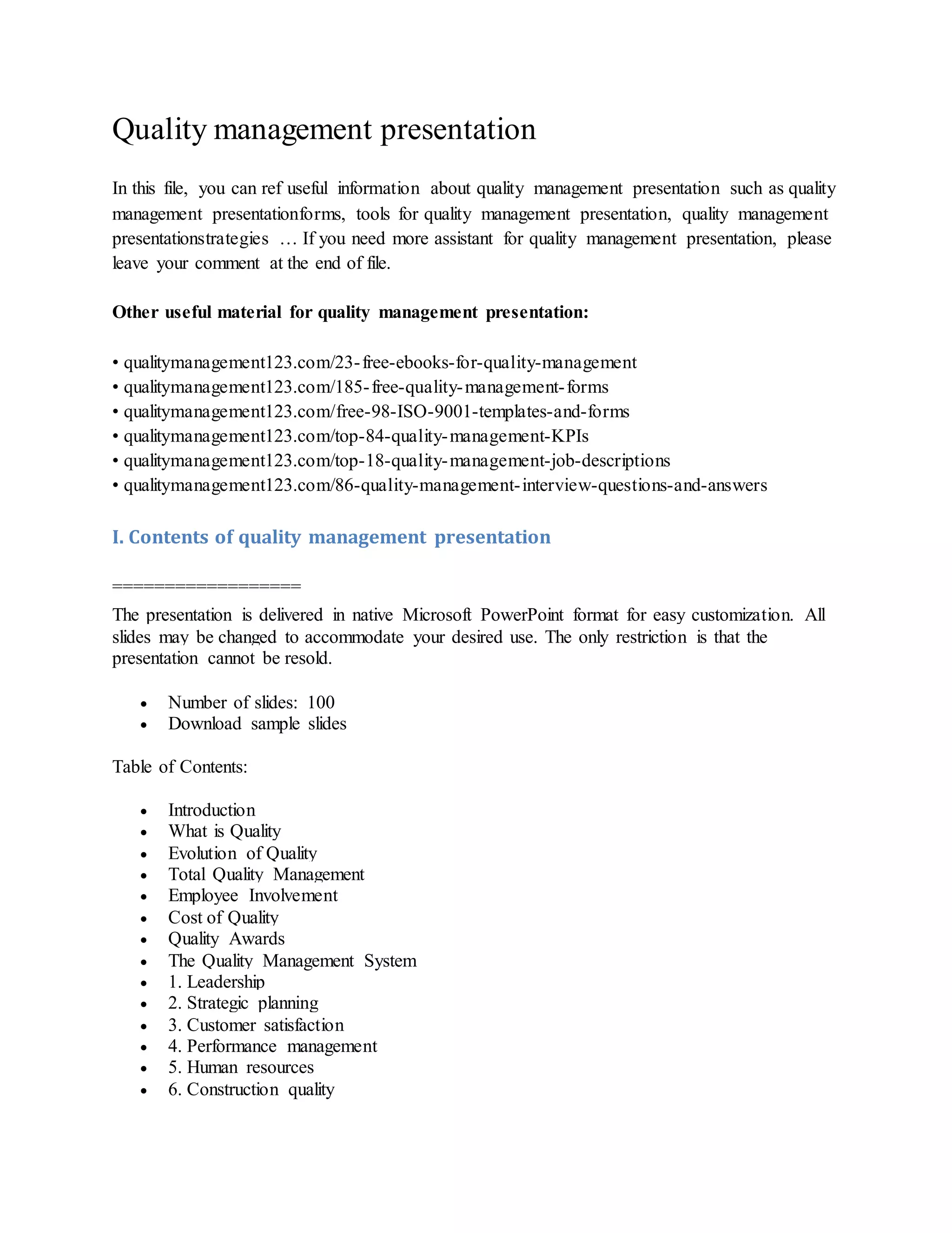 Quality management presentation | PDF