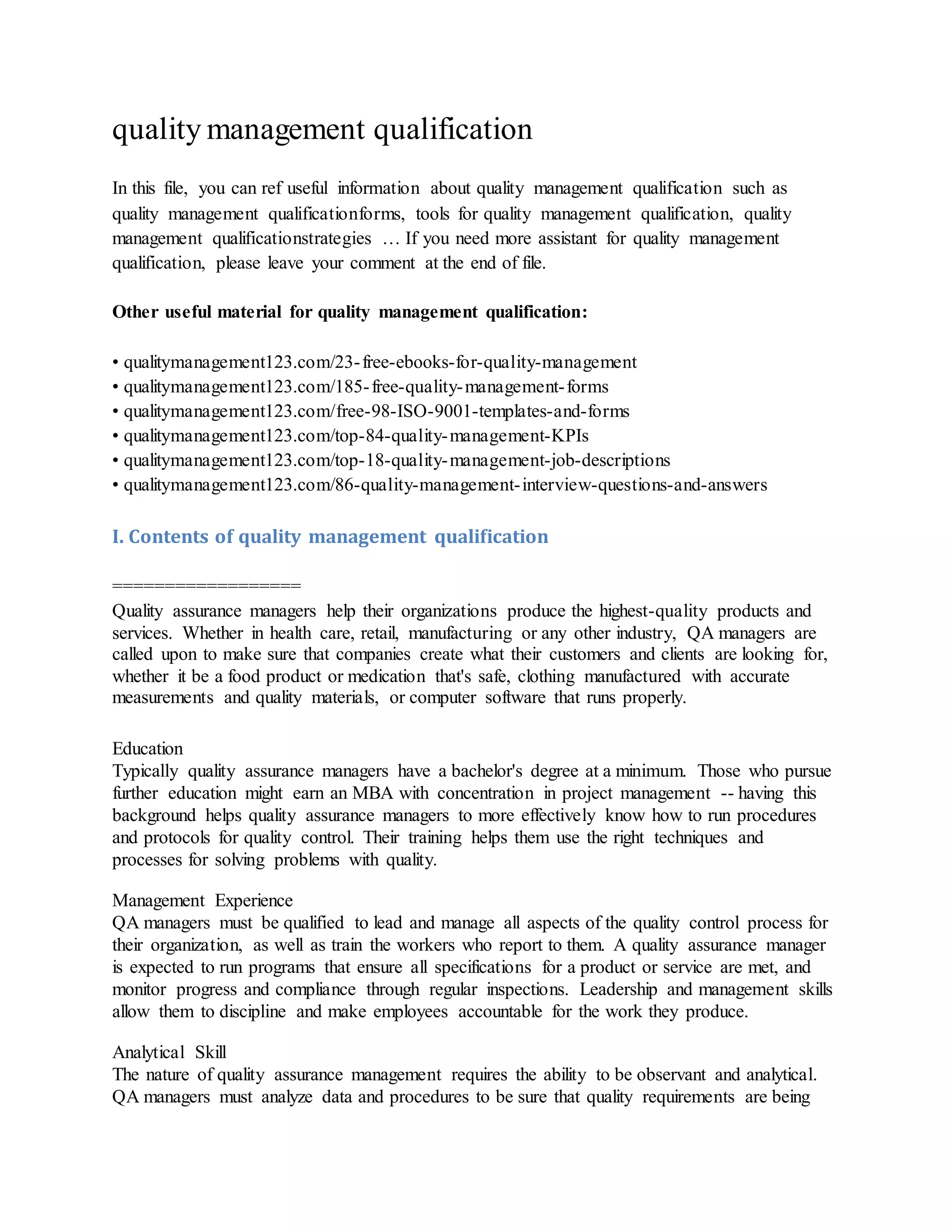 Quality management qualification | PDF