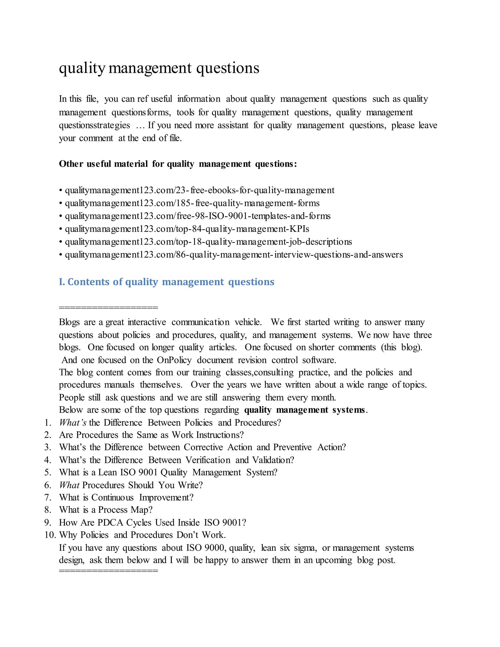 Quality management questions | PDF