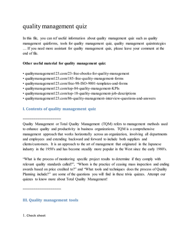 Quality management quiz | PDF