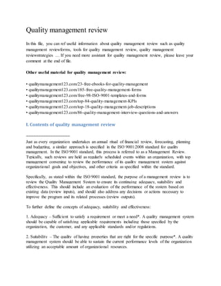 Quality management review | DOCX | Business | Business and Finance