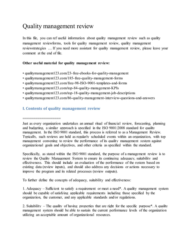 Quality management review | DOCX | Business | Business and Finance