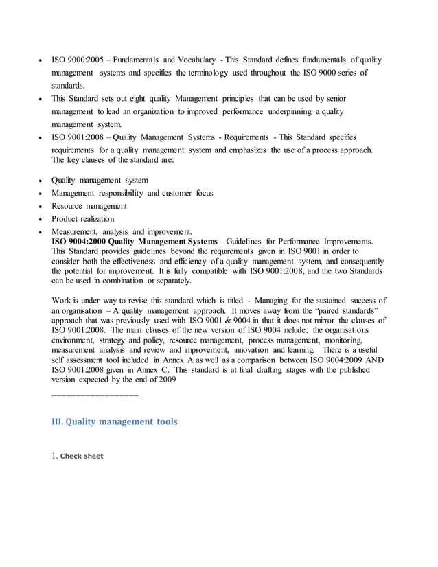 Quality management standards | DOCX | Business | Business and Finance