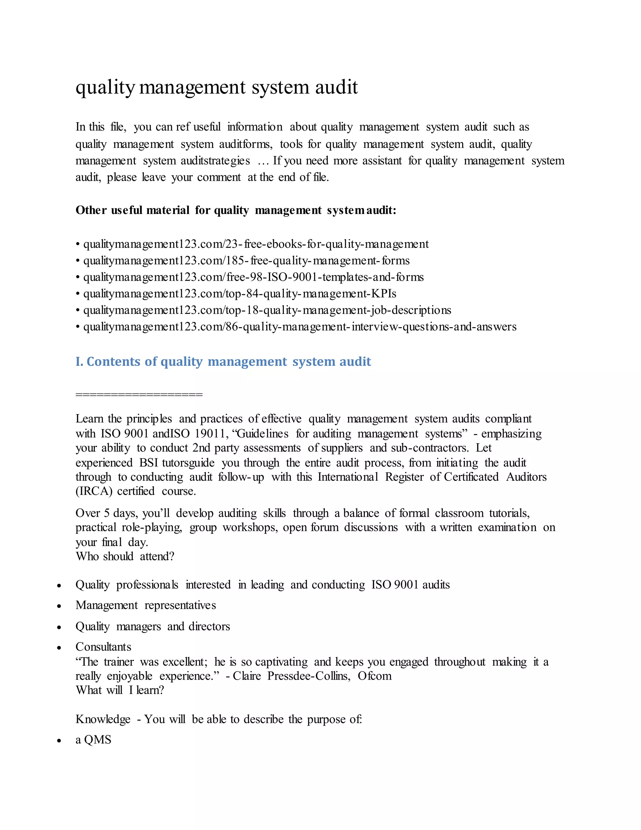 Quality management system audit | DOCX