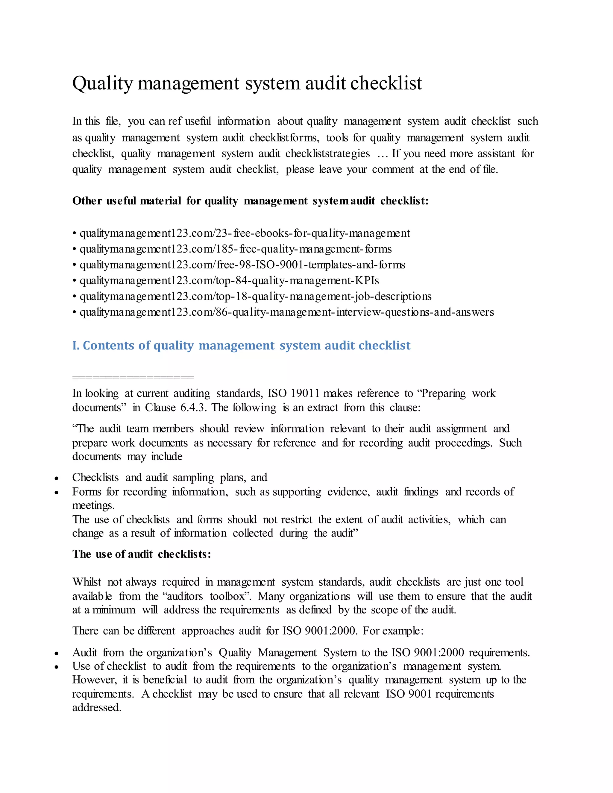 Quality management system audit checklist | DOCX